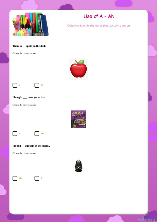 Use of A - AN. Interactive worksheet | TopWorksheets