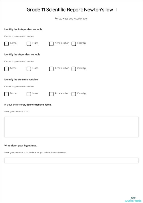 Grade 11 Scientific Report: Newton's law II. Interactive worksheet ...