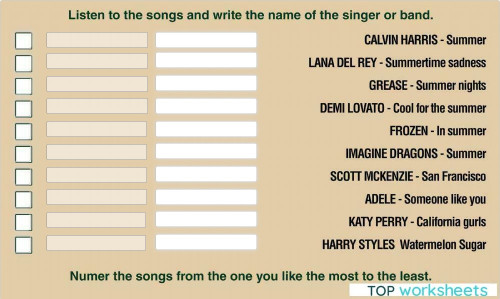 Songs about summer. Interactive worksheet | TopWorksheets