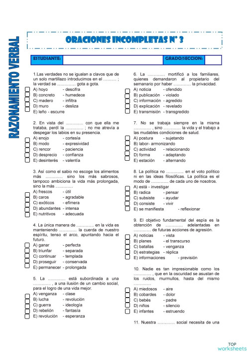 ORACIÓN INCOMPLETA 3. Ficha interactiva | TopWorksheets