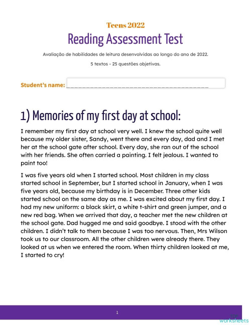 Teens 2022 - Reading Assessment Test. Ficha interativa | TopWorksheets