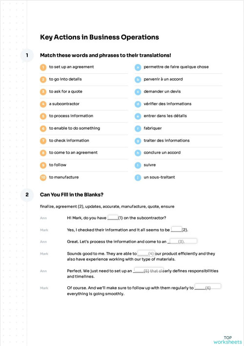 Key actions in business operations. Interactive worksheet | TopWorksheets