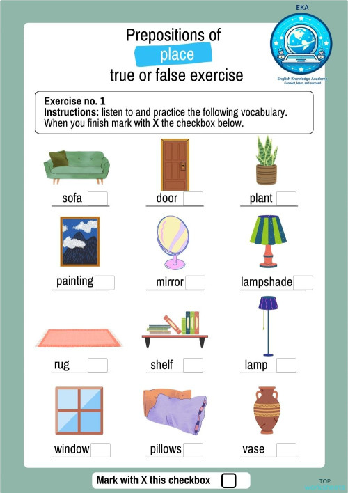 Prepositions of place true or false exercise. Interactive worksheet | TopWorksheets