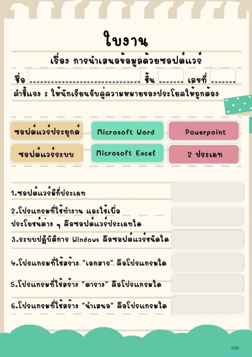 ใบงาน เรื่อง การนำเสนอข้อมูลด้วยซอฟต์แวร์ ใบงานเชิงโต้ตอบ Topworksheets