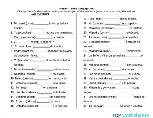 -AR Verbs in Present Tense. Ficha interactiva | TopWorksheets