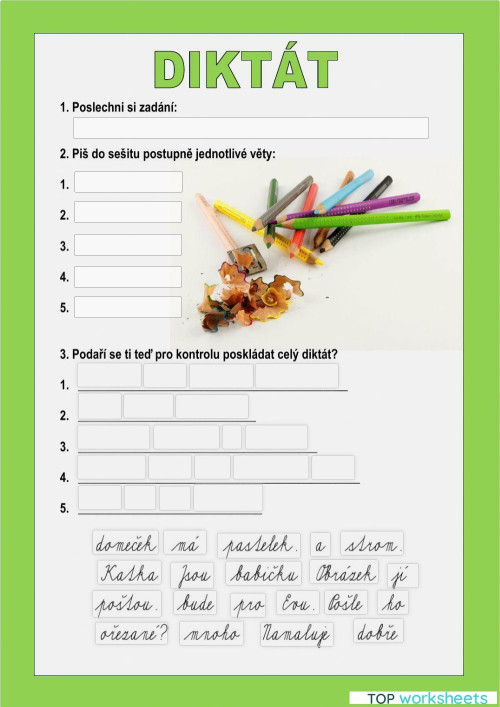 Pastelky - diktát vět. Interaktivní pracovní list | TopWorksheets