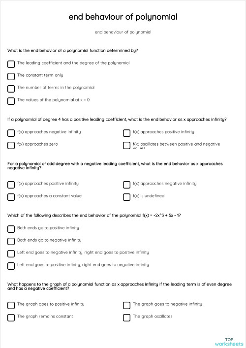 end behaviour of polynomial. Interactive worksheet | TopWorksheets