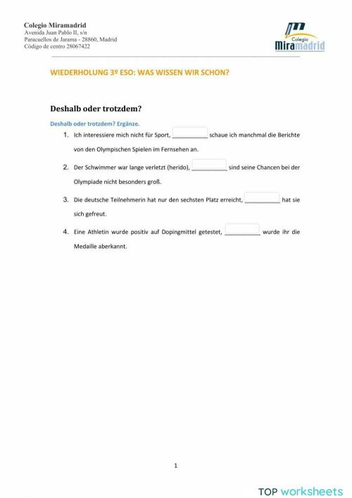 Konnektoren: Deshalb oder trotzdem. Interaktives Arbeitsblatt ...