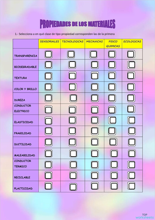 Propiedades de los materiales: fichas interactivas y ejercicios online | TopWorksheets