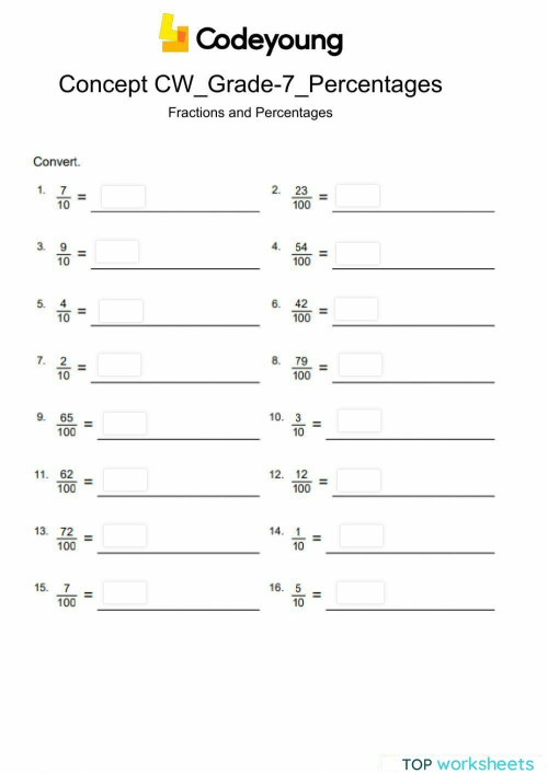Fractions and Percentages Concept CW. Interactive worksheet | TopWorksheets
