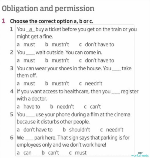 Obligation. Interactive worksheet | TopWorksheets
