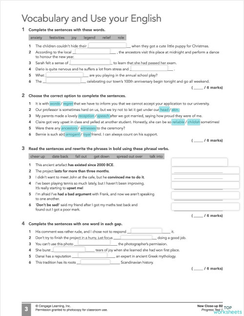 Close-Up B2 Progress Test 1 Vocabulary and Use your English Units 1,2 ...