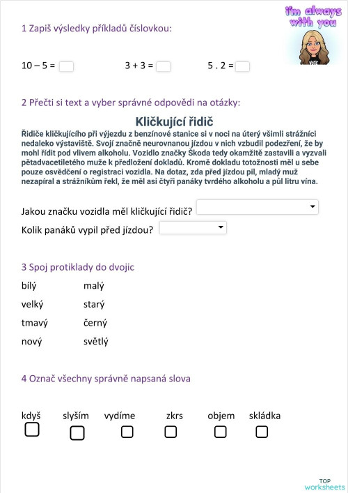 Čeština: interaktivní pracovní listy a online cvičení | TopWorksheets