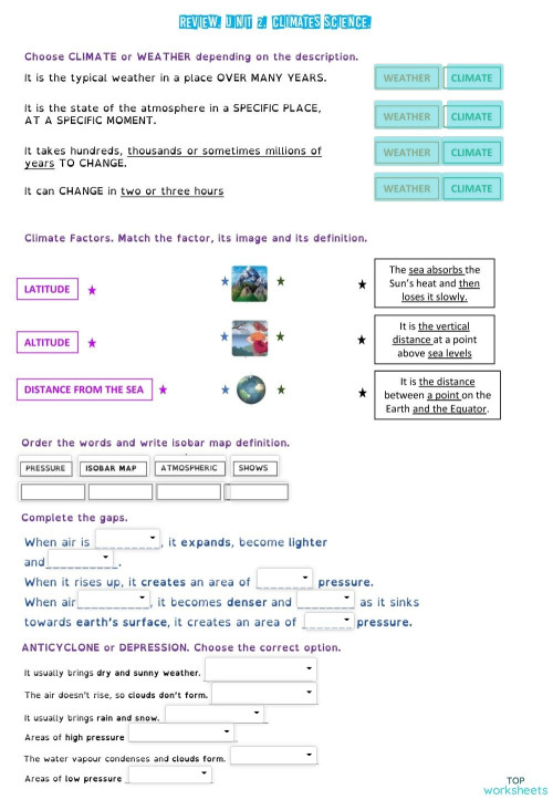 REVIEW. UNIT 2. CLIMATES. SCIENCE. Interactive worksheet | TopWorksheets