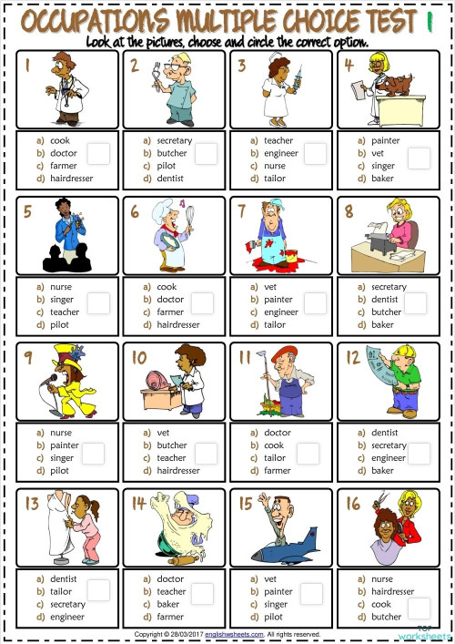 Jobs and Occupations choice test 2 ใบงานเชิงโต้ตอบ | TopWorksheets