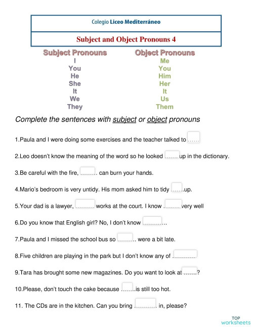 Subject or Object Pronouns 4. Interactive worksheet | TopWorksheets