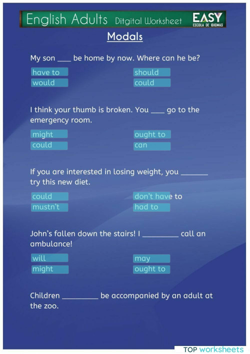 Modals and adverbs. Interactive worksheet | TopWorksheets