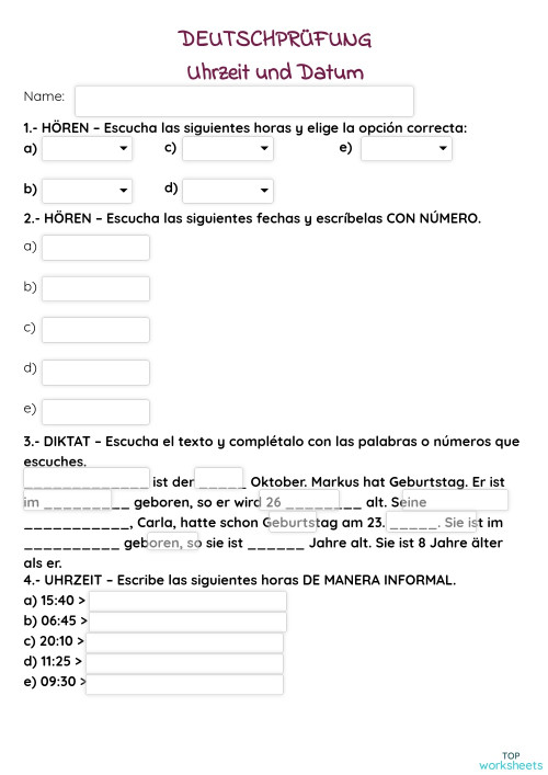 Uhrzeit und Datum. Interaktives Arbeitsblatt | TopWorksheets