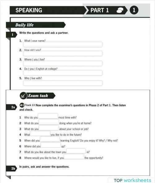 B1. PET Speaking PART 1. Practice. Interactive worksheet | TopWorksheets
