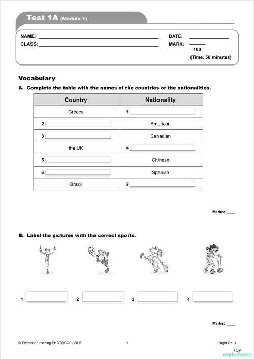 Right On 1 Module 1 Test. Interactive worksheet | TopWorksheets