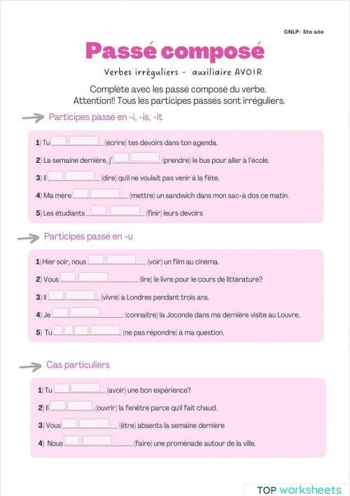 Passé composé avoir- PP iréguliers. Fiche interactive | TopWorksheets