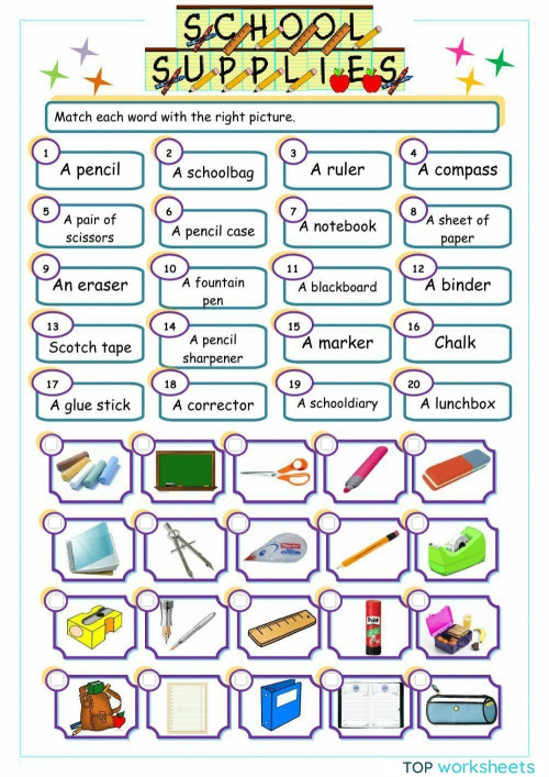 School supplies match. Interactive worksheet | TopWorksheets