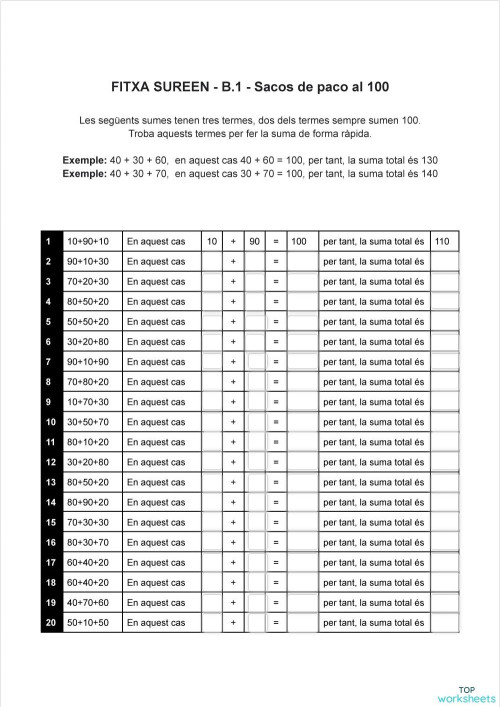 FITXA SUREEN -B.1- SACOS DE PACO AL 100. Fitxa interactiva | TopWorksheets
