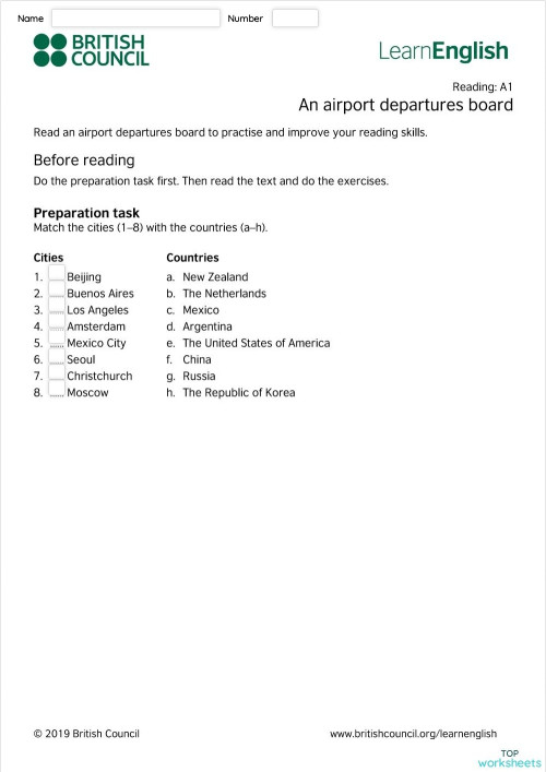 An airport departures board. Interactive worksheet | TopWorksheets