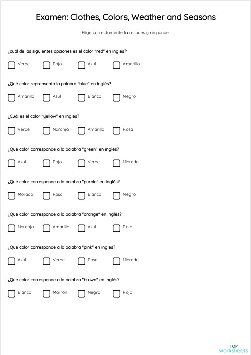 Examen: Clothes, Colors, Weather and Seasons. Interactive worksheet ...