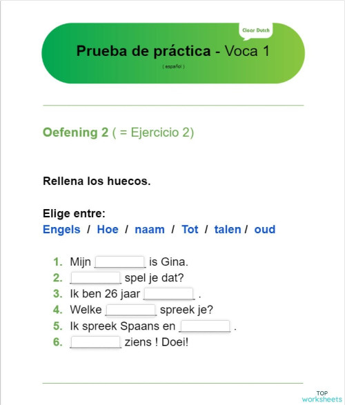 Prueba de práctica 2 (voca). Ficha interactiva | TopWorksheets