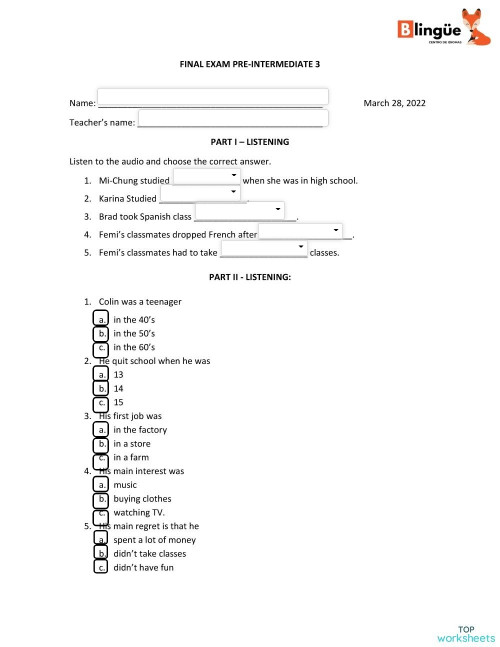 FINAL EXAM_PRE-INT3. Interactive worksheet | TopWorksheets