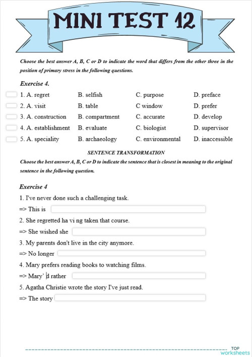 MINI TEST 12. Interactive worksheet | TopWorksheets