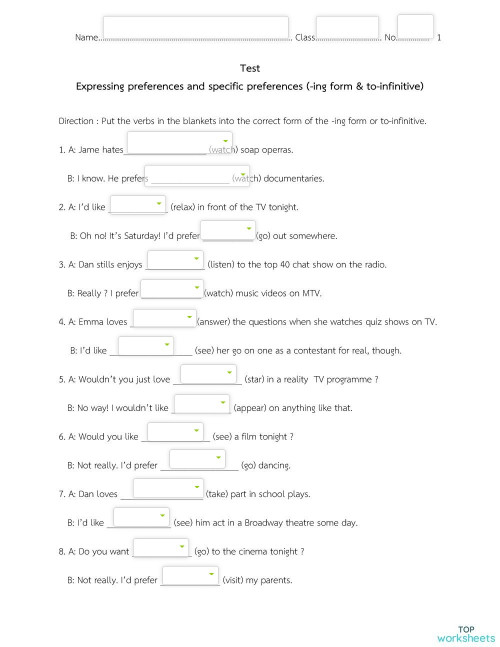 Test : -ing form & to-infinitive. Interactive worksheet | TopWorksheets