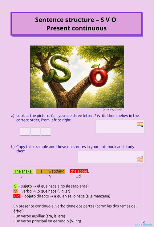 Sentence structure - SVO - Present continuous. Interactive worksheet ...