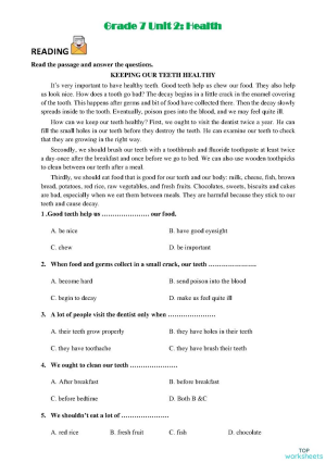 Grade 7 Unit 2 Health Reading comprehension (1). Interactive worksheet | TopWorksheets