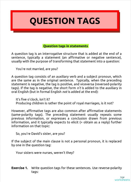 Question tags: interactive worksheets and online exercises | TopWorksheets