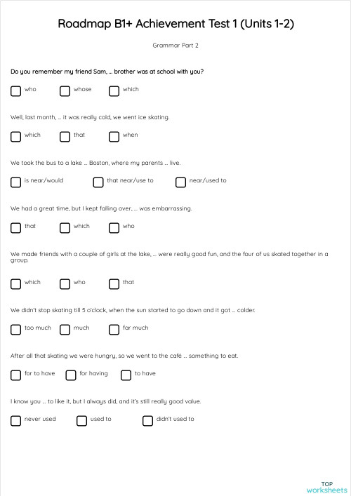 Roadmap B1+ Achievement Test 1 (Units 1-2). Interactive worksheet ... Roadmap B1+ Achievement Test 1 (Units 1-2). Interactive worksheet ...
