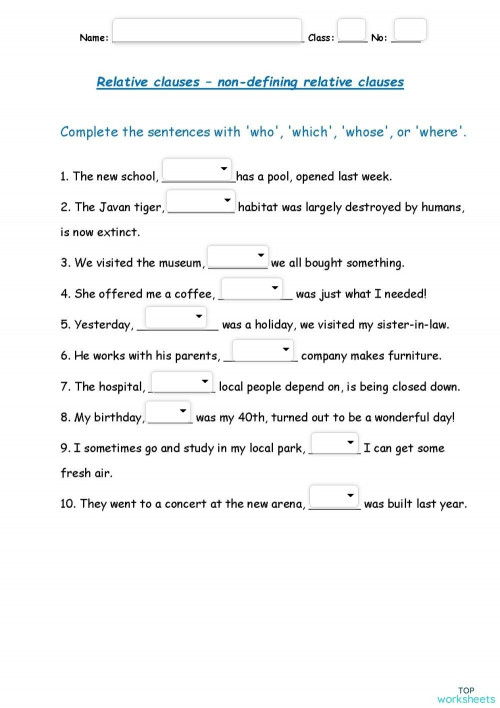 non-defining relative clauses. Interactive worksheet | TopWorksheets