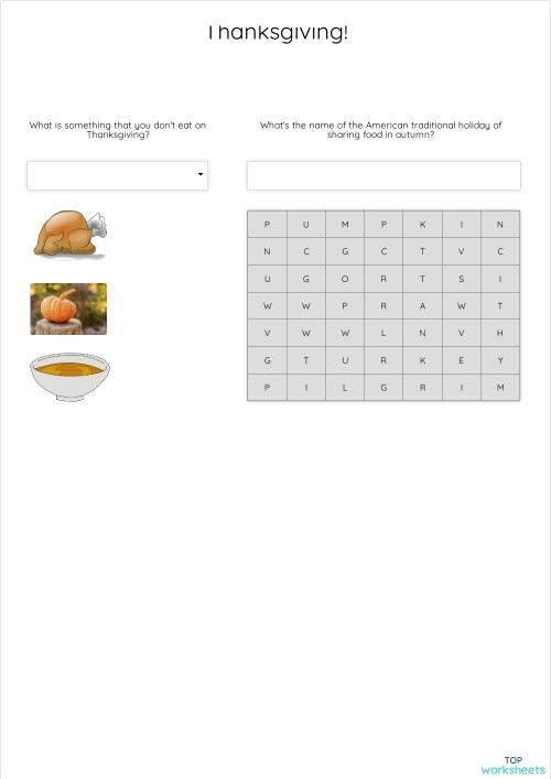 Thanksgiving worksheet. 인터랙티브 워크시트 | TopWorksheets