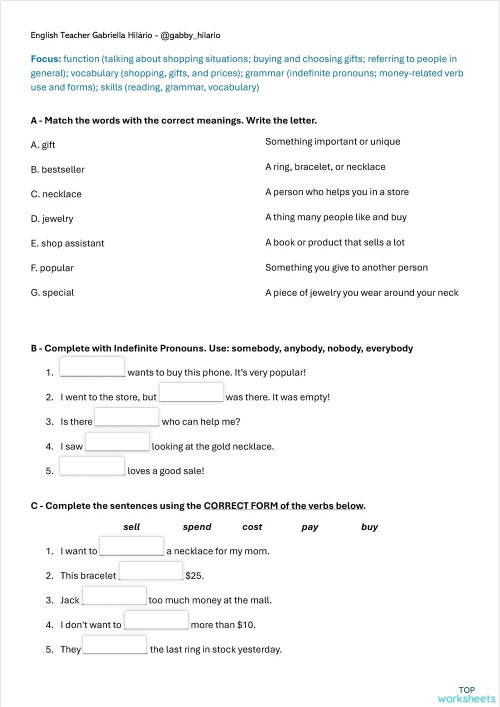 Grammar - Indefinite Pronouns and Money-related verbs. Interactive ...