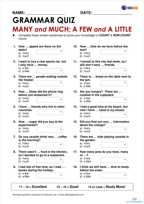 NEO - MUCH AND MANY; FEW AND LITTLE. Interactive worksheet | TopWorksheets