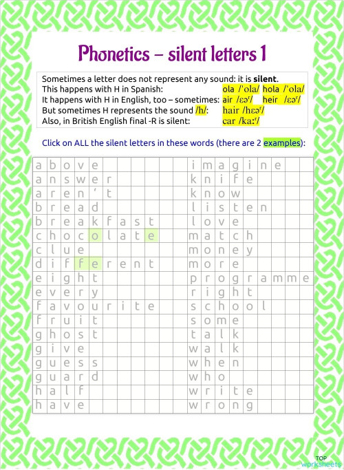 Phonetics - Silent letters 1. Interactive worksheet | TopWorksheets