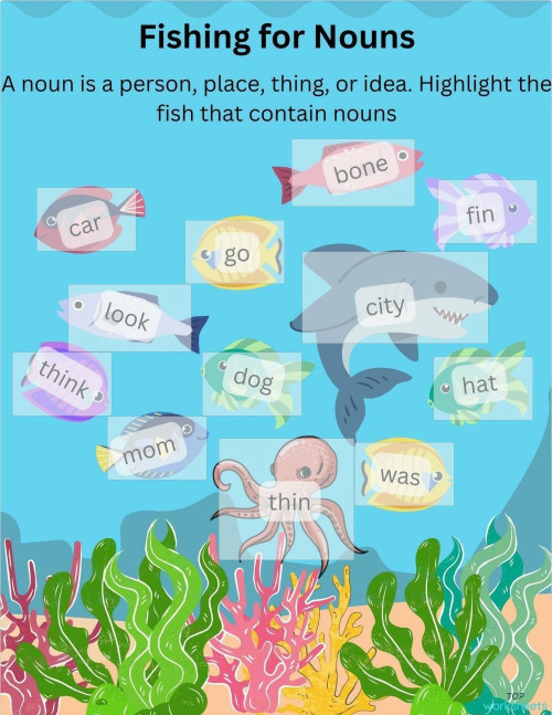 Fishing for Nouns. Interactive worksheet | TopWorksheets