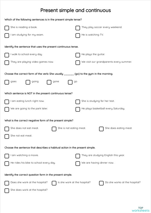 Present simple and continuous. Interactive worksheet | TopWorksheets