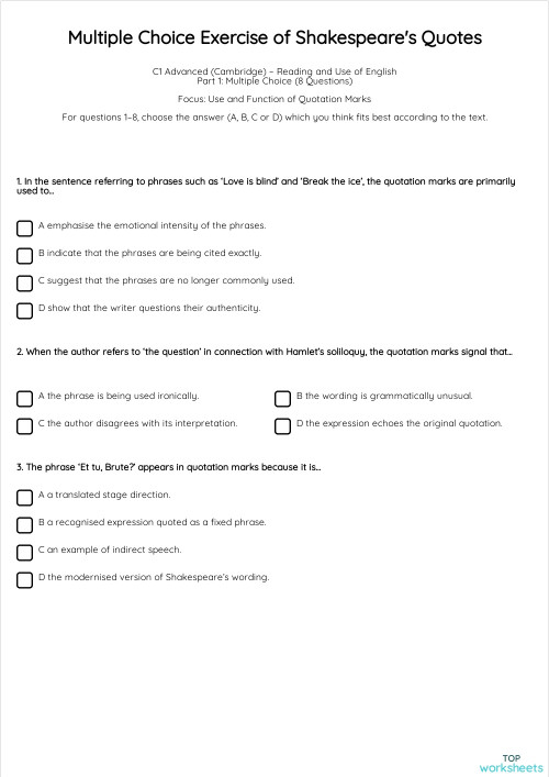 Multiple Choice Exercise of Shakespeare's Quotes. Interactive worksheet ...