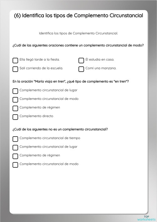 (6) Identifica los tipos de Complemento Circunstancial. Ficha interactiva | TopWorksheets