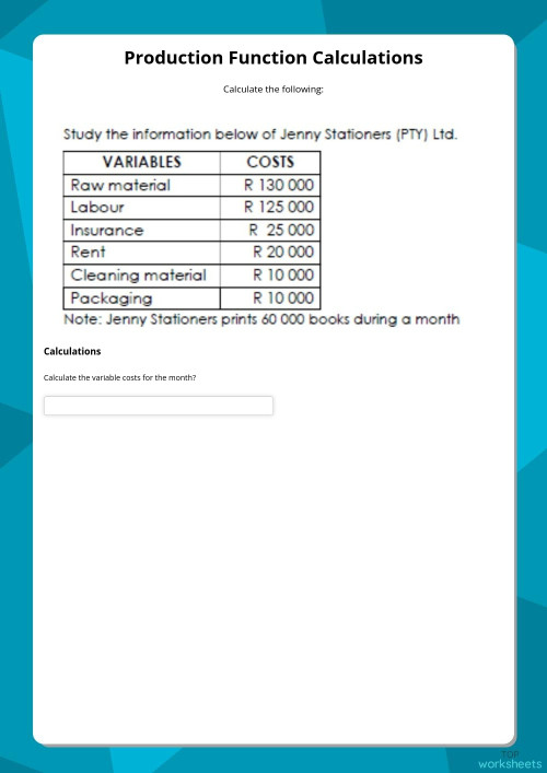Production Function Calculations. Interactive worksheet | TopWorksheets