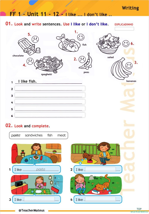 FF 1 - Unit 11 - 12 - I like I don't like - Writing. Interactive worksheet | TopWorksheets