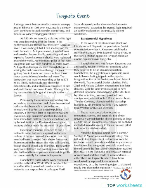 Reading Ex. - Tunguska Event. Interactive worksheet | TopWorksheets