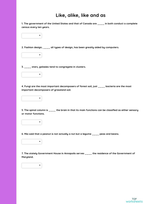 Like, alike, like and as. Interactive worksheet | TopWorksheets